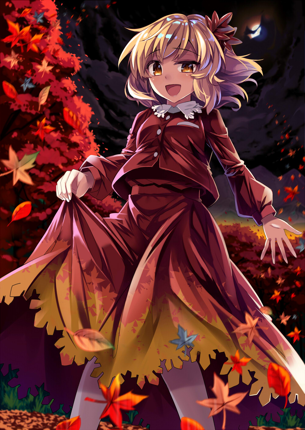 Safebooru - 1girl aki shizuha autumn autumn leaves blonde hair commentary request e.o. forest ...