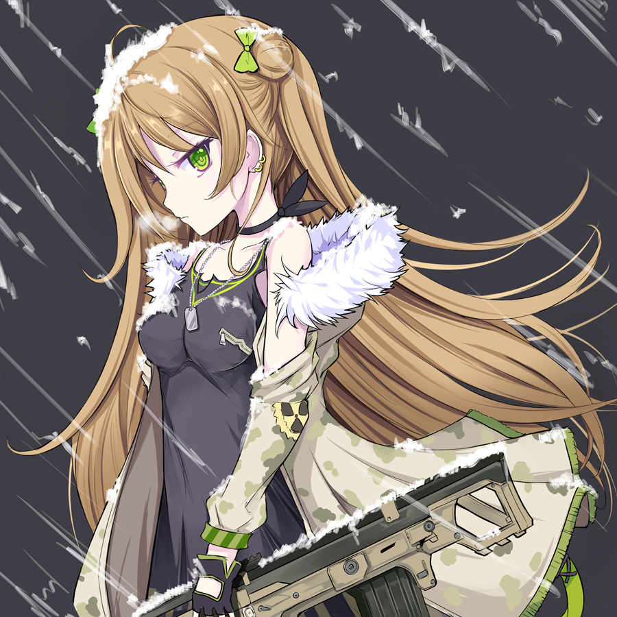 Safebooru - 1girl ahoge assault rifle bangs black gloves blush bow breasts brown hair bullpup ...