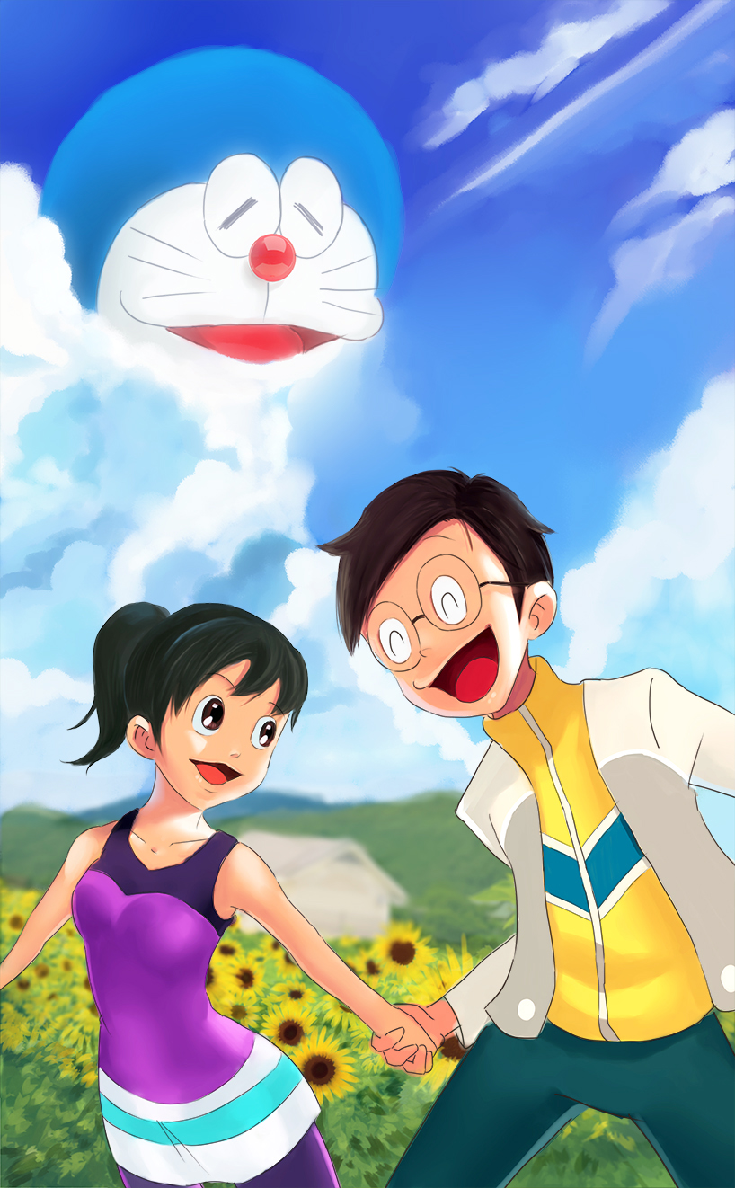 Safebooru - - - 1girl 2boys animal black hair brown eyes cat closed ...