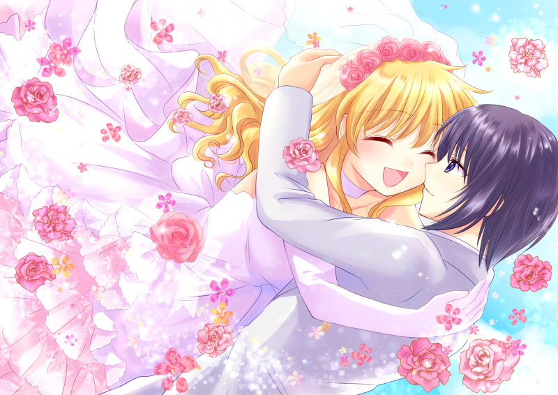 Safebooru - 1boy 1girl ^ ^ black hair blonde hair blue eyes bridal veil ...