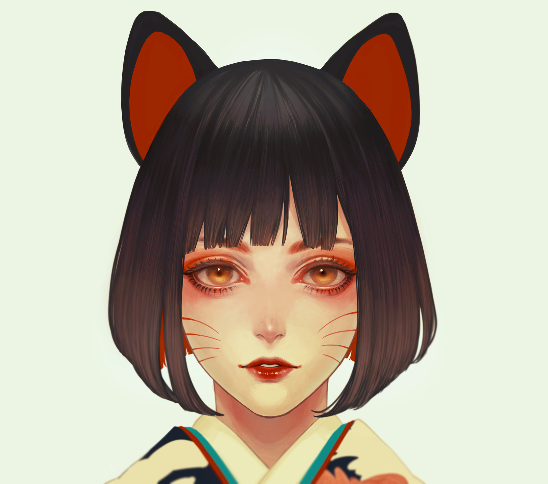 Safebooru - 1girl animal ears bangs black hair blunt bangs bob cut commentary request grey ...