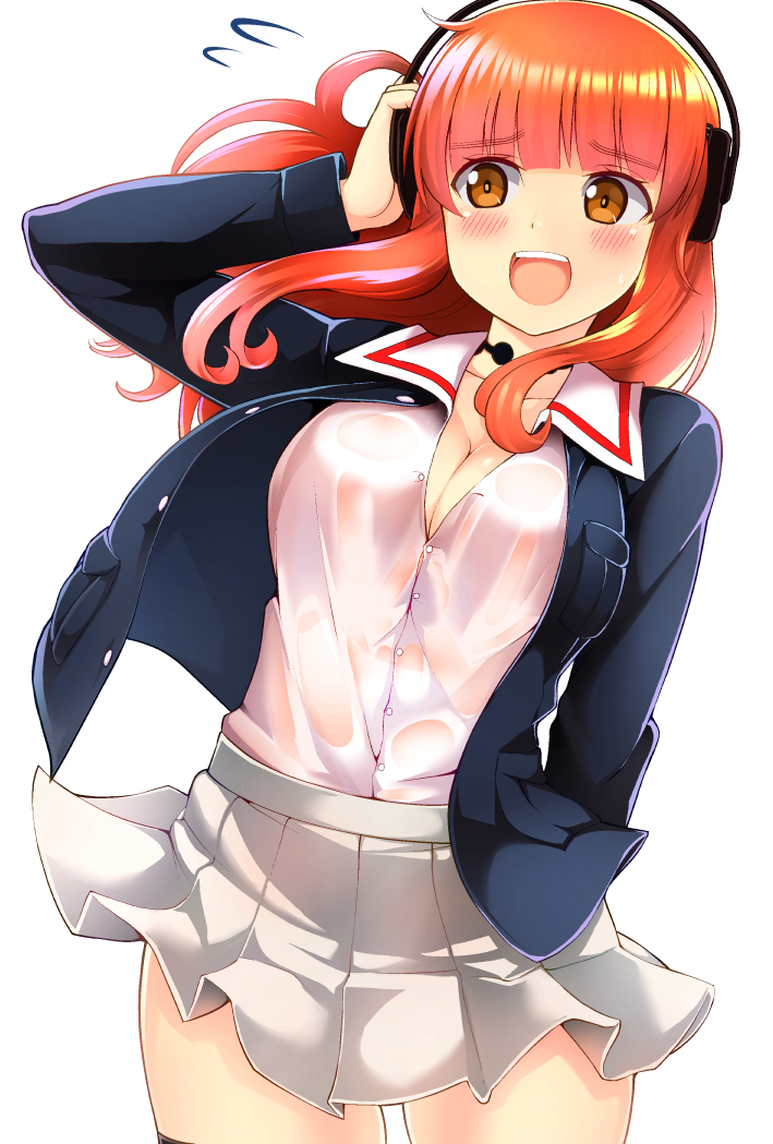 Safebooru - 1girl arm behind back bangs black legwear blue jacket blunt bangs breasts cleavage ...
