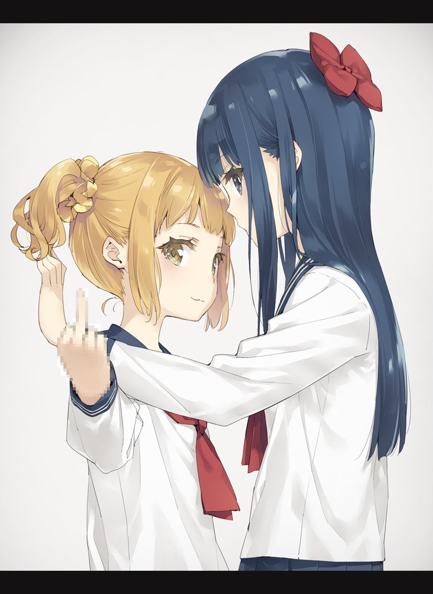 Safebooru - 2girls censored hair ribbon highres middle finger mosaic ...