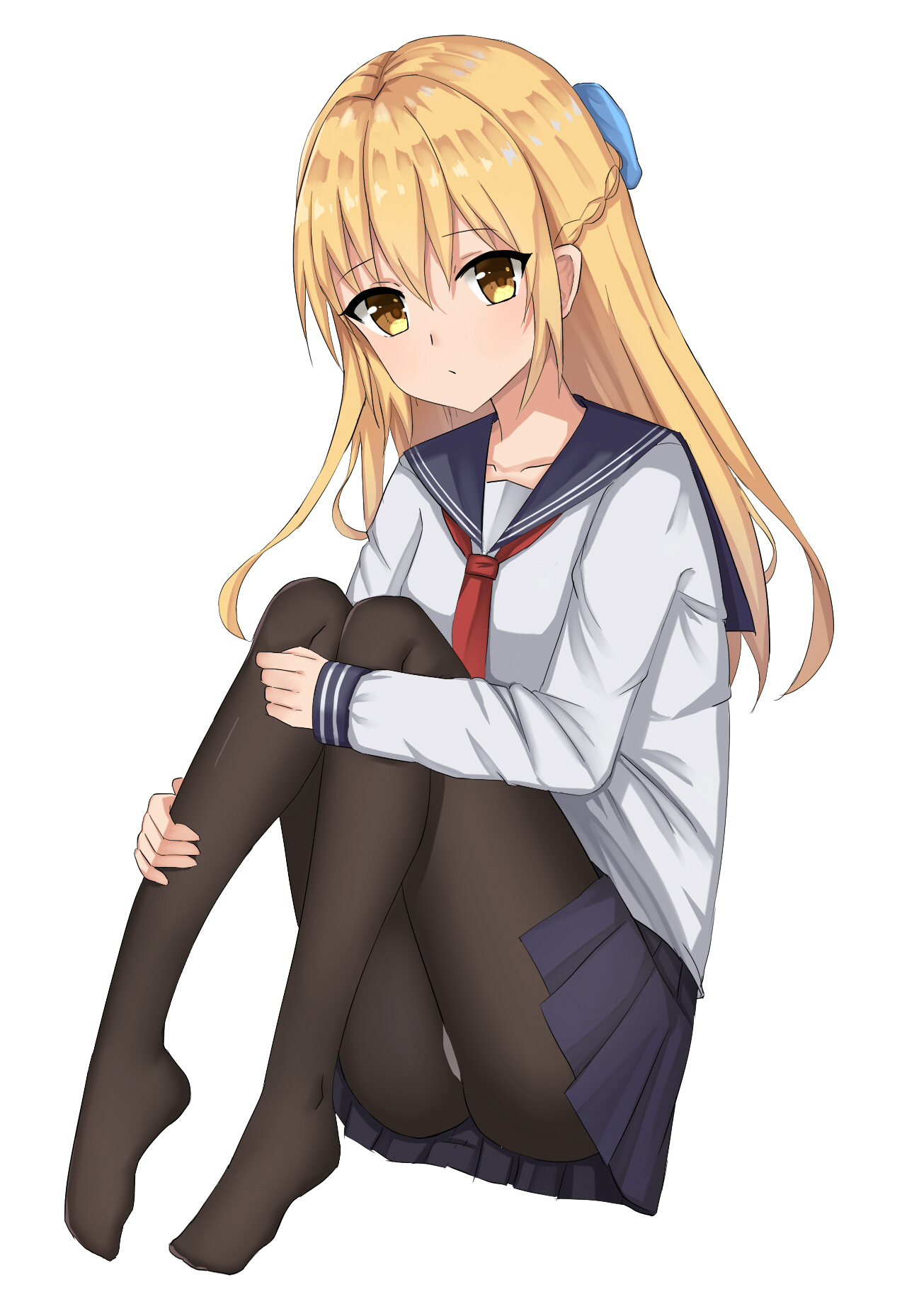 Safebooru - 1girl black legwear blonde hair blue bow blue skirt bow braid brown eyes crown braid ...