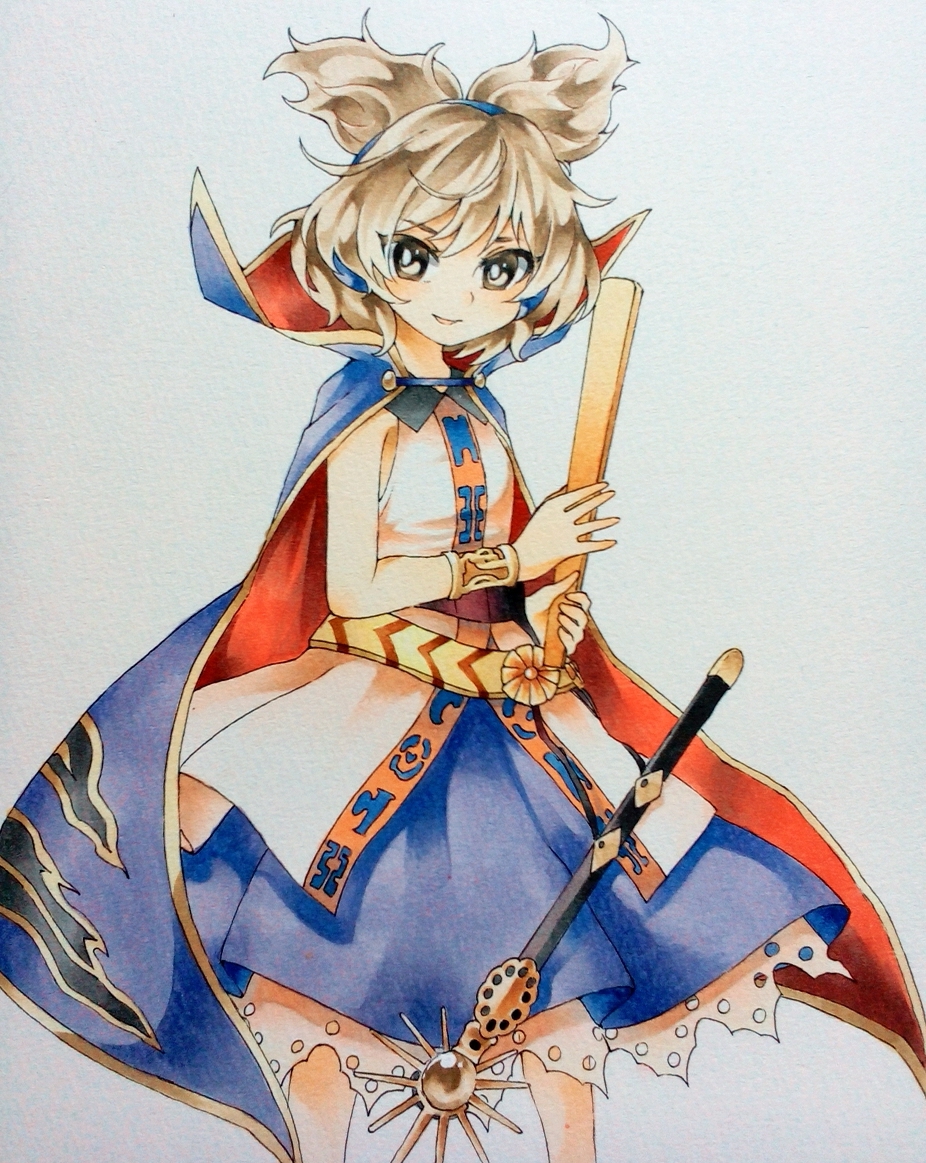 Safebooru - 1girl :d blonde hair blue skirt blush bracelet bright pupils cape commentary request ...