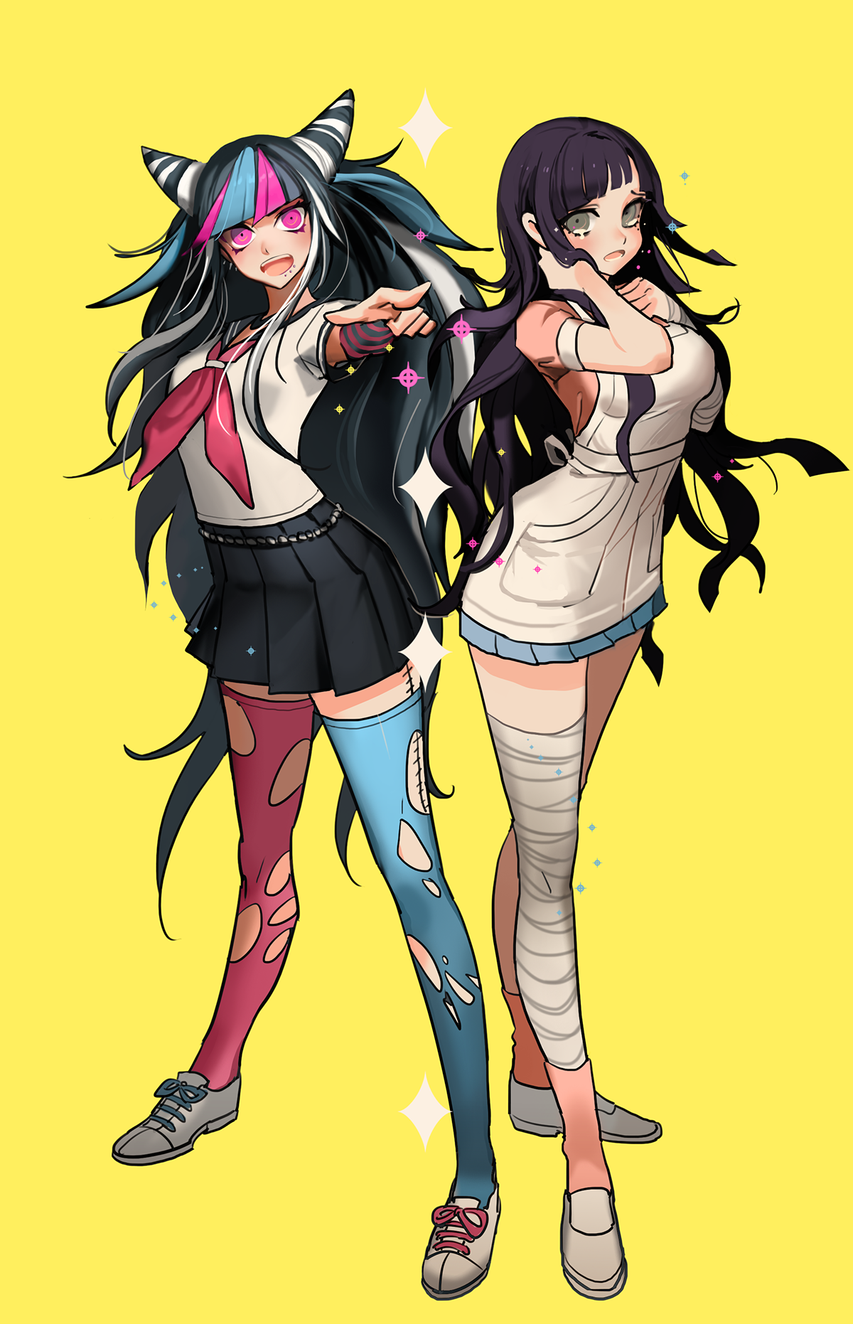 Safebooru - 2girls bandage bandaged arm bandaged leg bangs black hair dangan ronpa earrings haun ...
