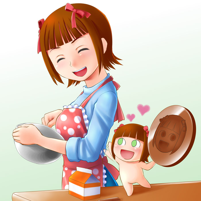 Safebooru - apron brown hair chibi cooking green eyes hair ribbon heart ...