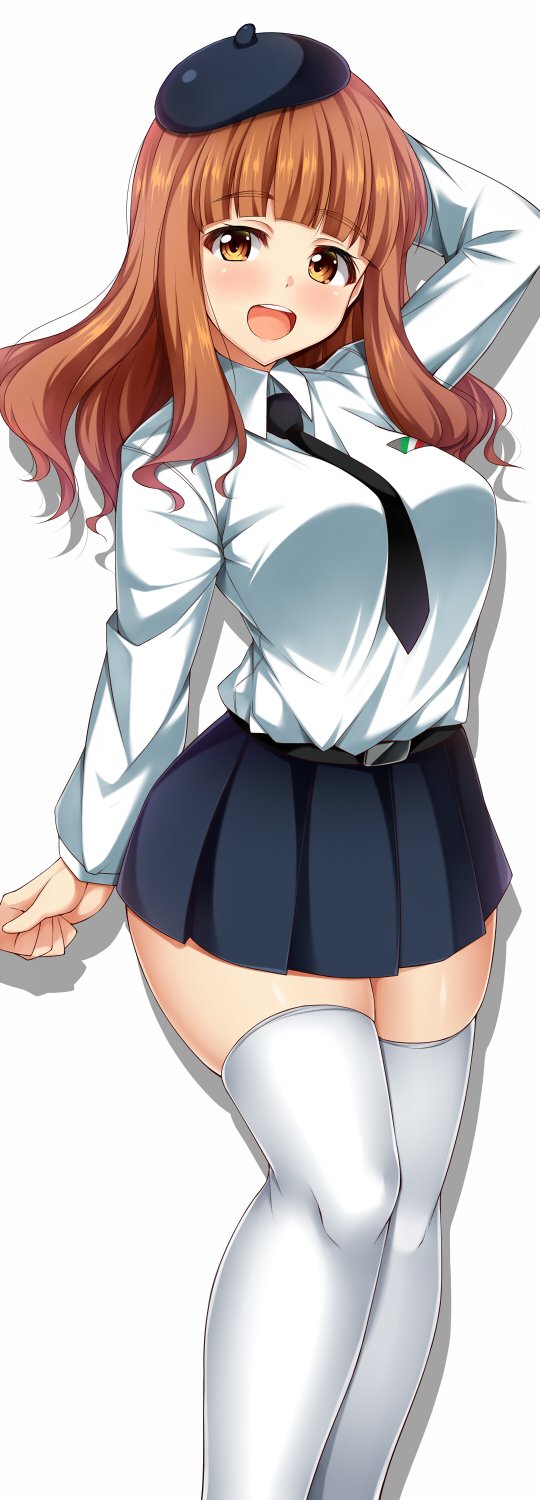 Safebooru - 1girl anzio school uniform arm behind head arm up bangs belt beret black hat black ...