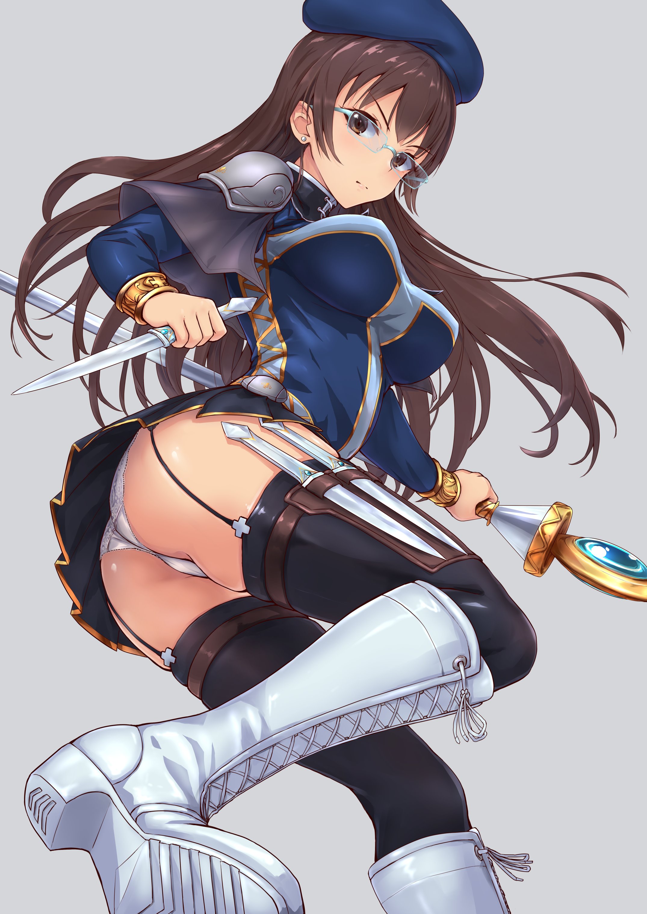 Safebooru - 1girl absurdres bangs beret black legwear boots breasts brown eyes brown hair cape ...