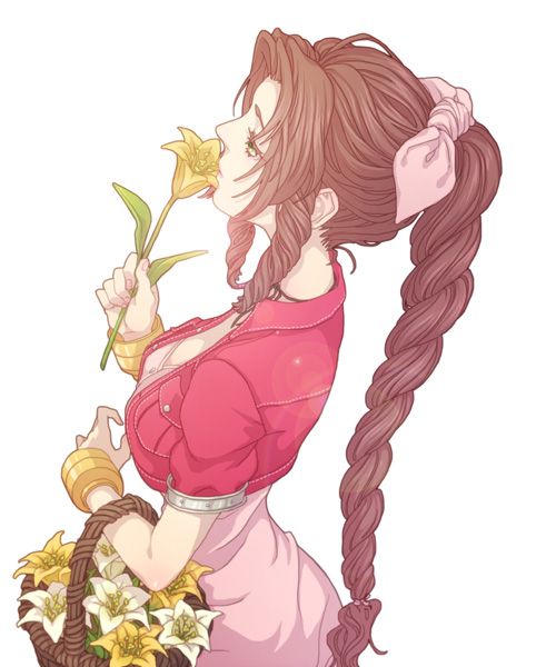 Safebooru - 1girl aerith gainsborough bow braid breasts brown hair chocolate hair cropped jacket ...