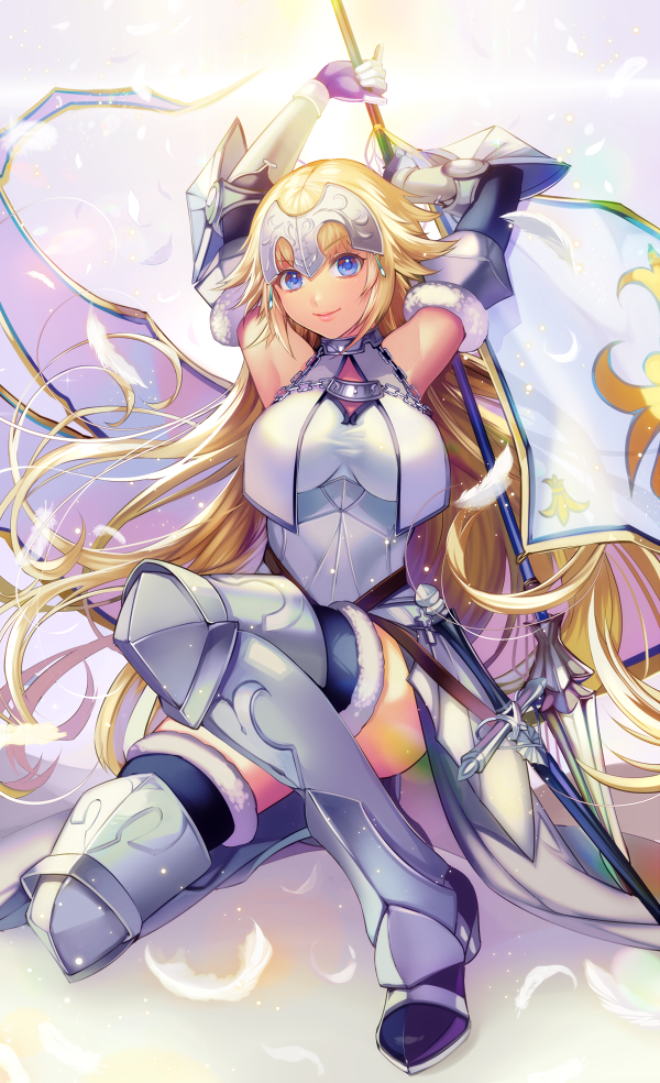 Safebooru - 1girl armor armored boots armpits arms up bangs banner black legwear blonde hair ...