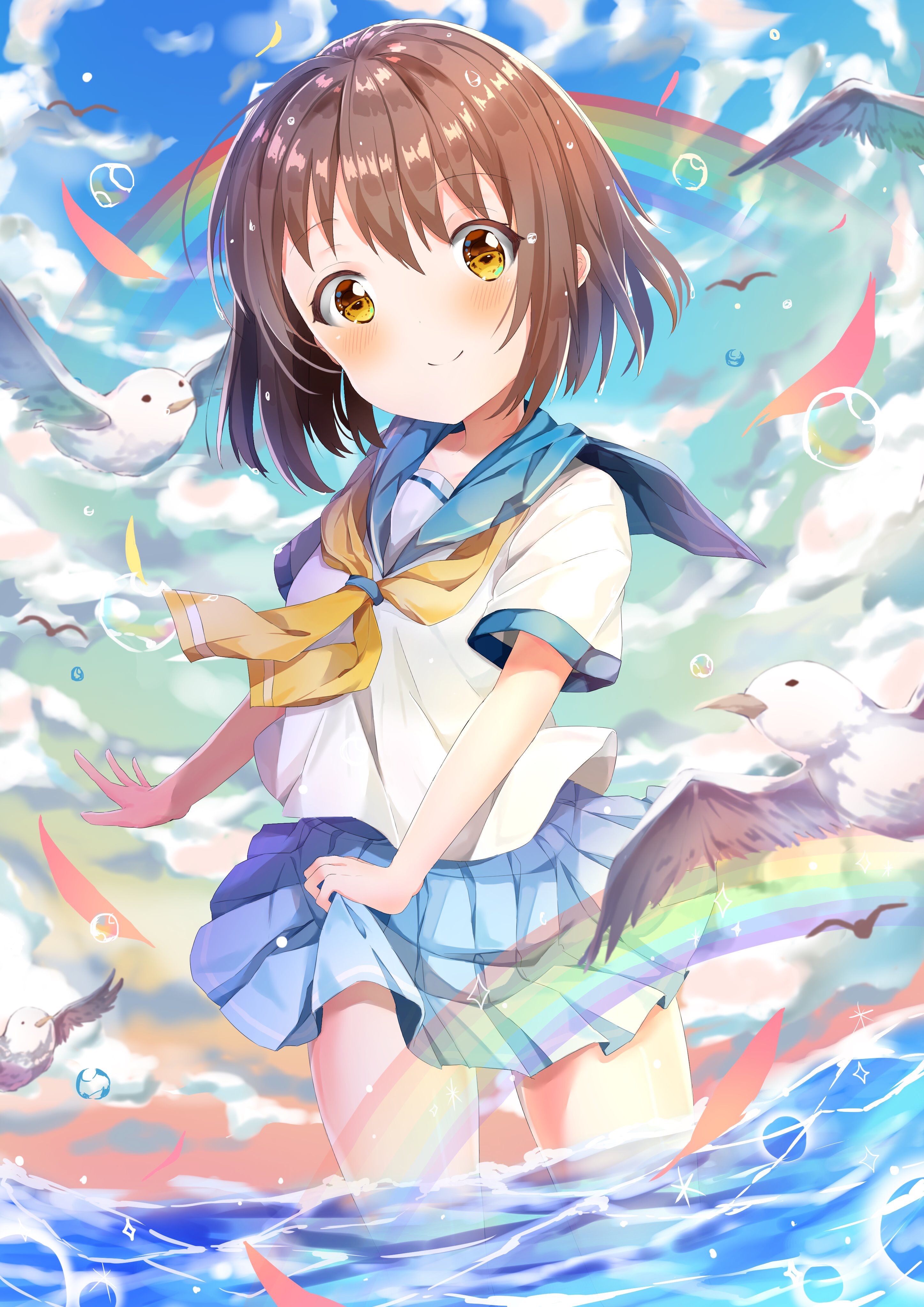 Safebooru - 1girl absurdres bird blue skirt blue sky blush brown eyes brown hair bubble clouds ...