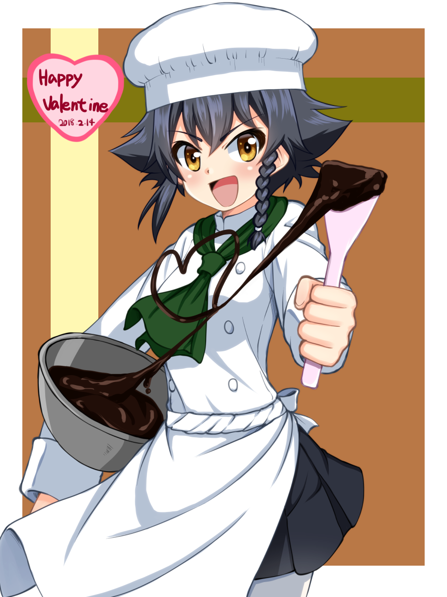Safebooru - 1girl :d alternate costume apron bangs black hair black skirt bowl braid brown eyes ...