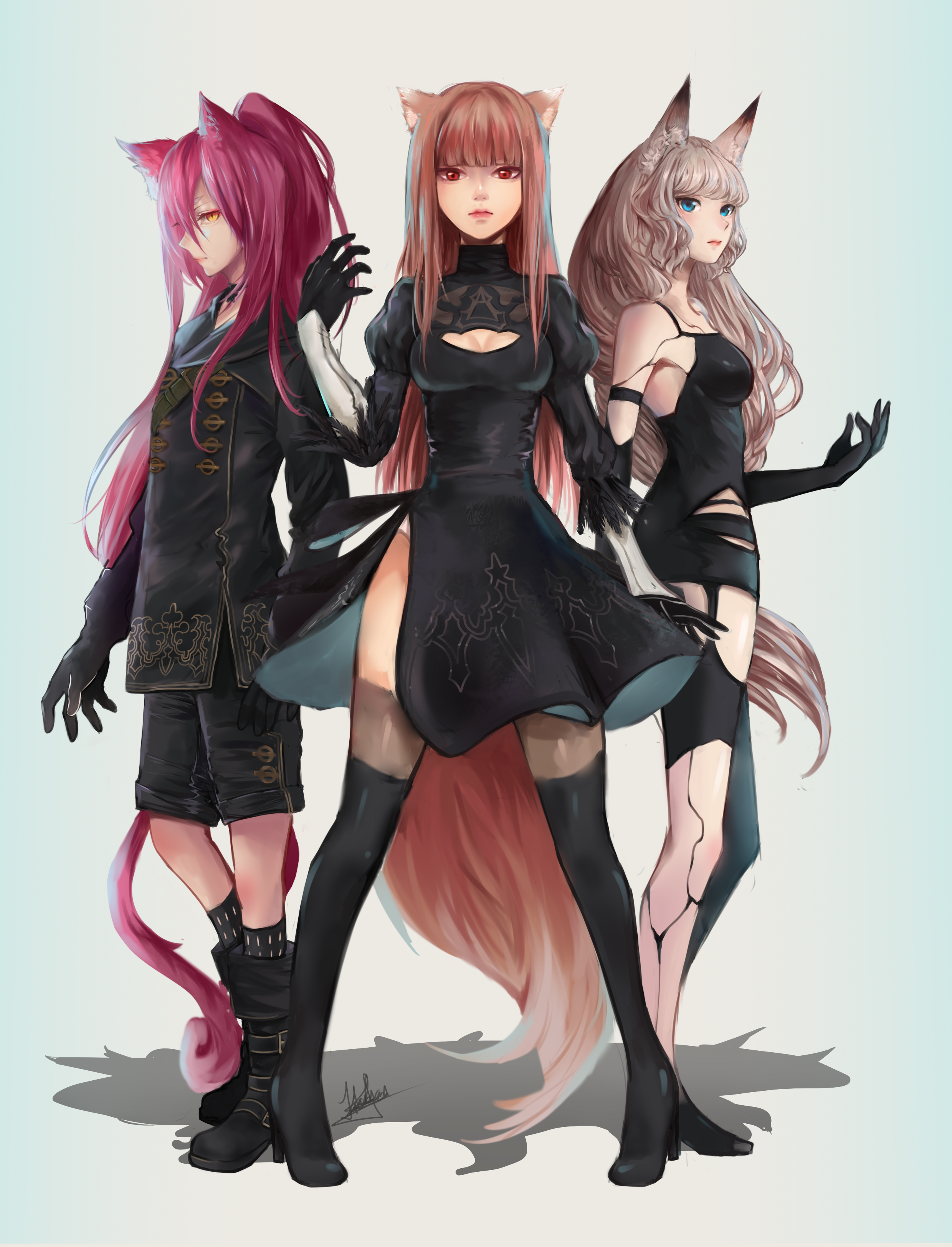 Safebooru - 3girls absurdres animal ears black dress black gloves black jacket black shorts ...