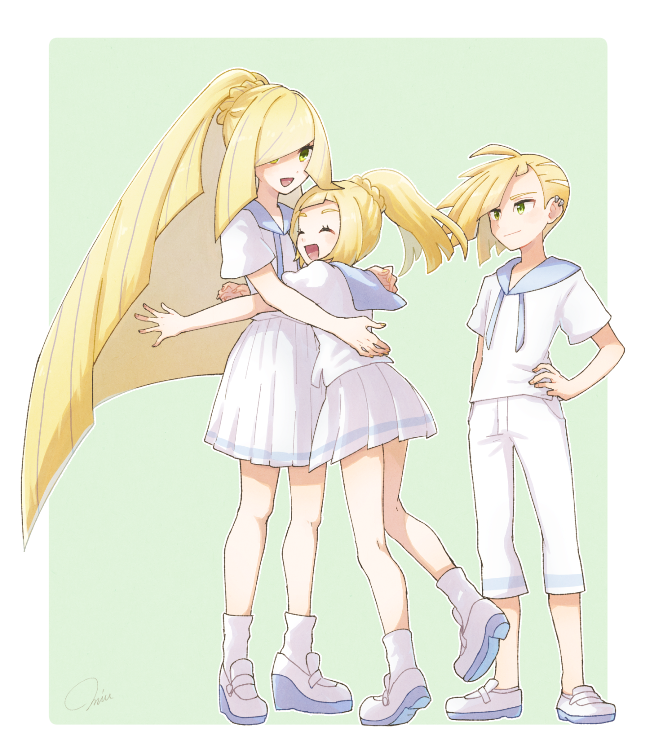 Safebooru - 1boy 2girls blonde hair brother and sister capri pants ...