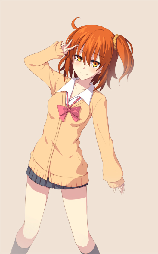 Safebooru - 1girl ahoge alternate costume arm up bangs black legwear black skirt blush bow ...