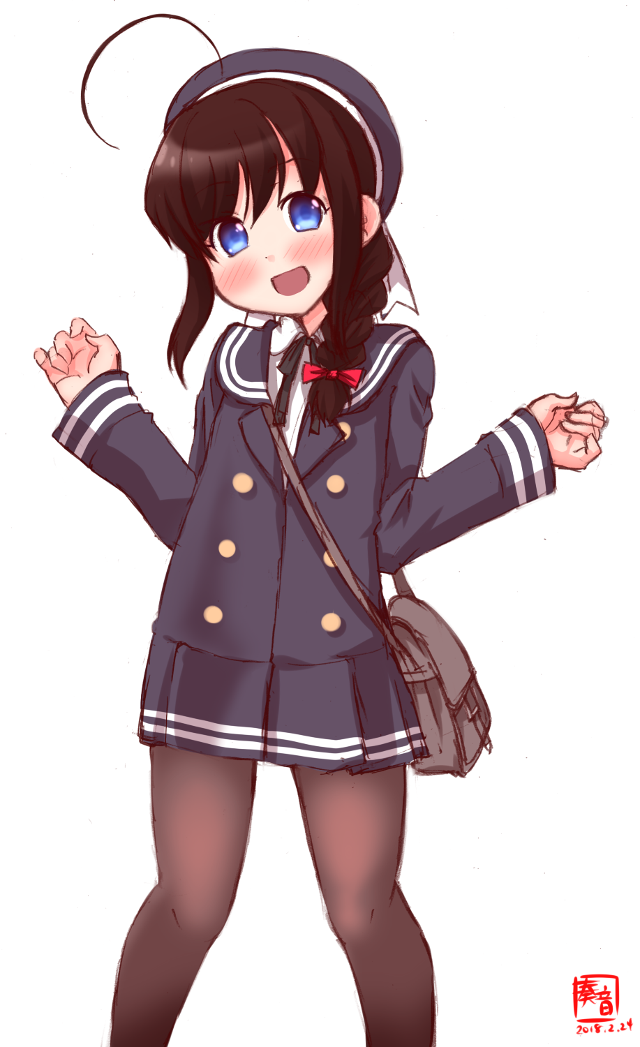 Safebooru - 1girl ahoge alternate costume bag black hair black legwear black serafuku blue eyes ...