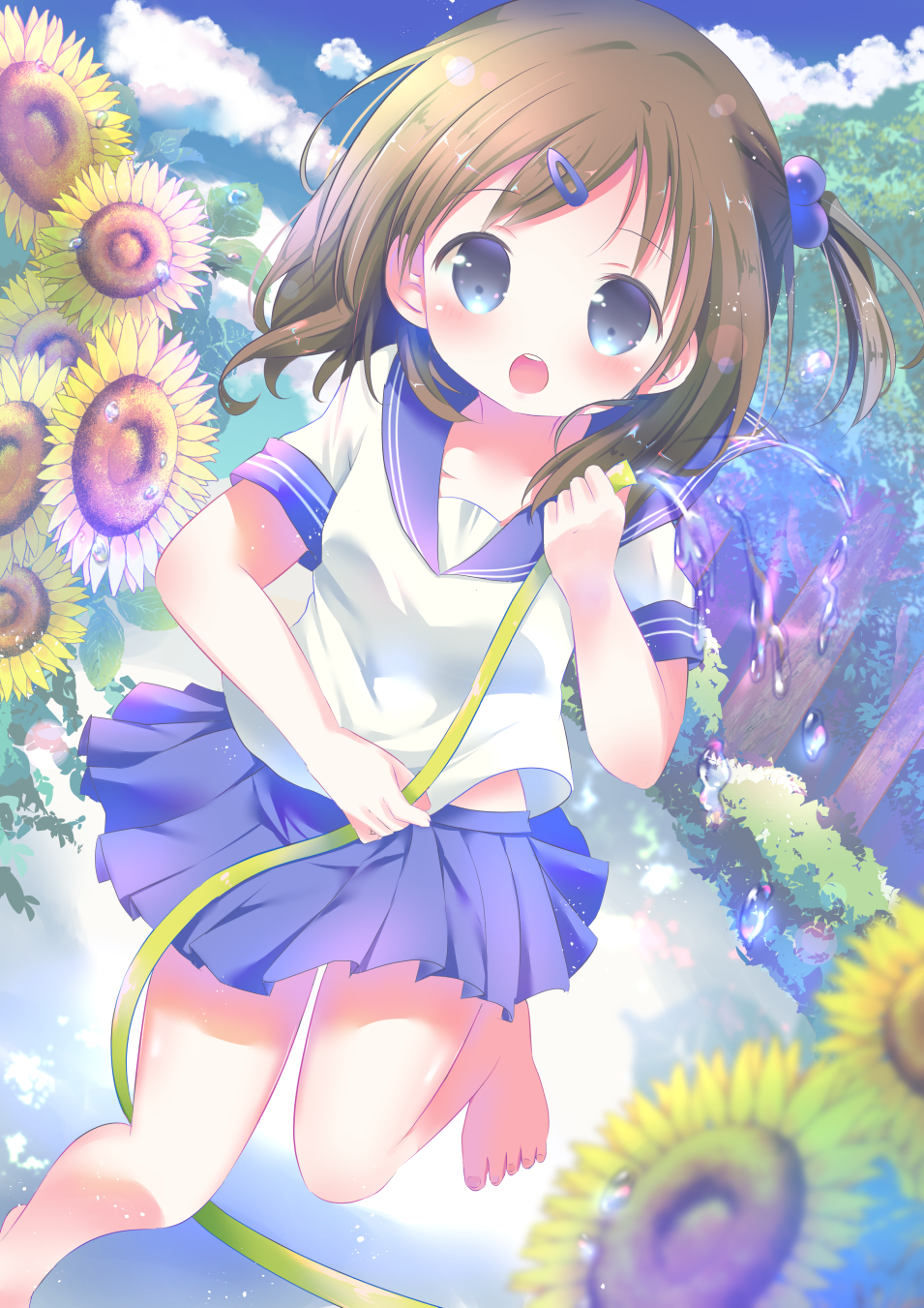 Safebooru - 1girl :o bangs barefoot blue eyes blue skirt blue sky breasts brown hair clouds ...