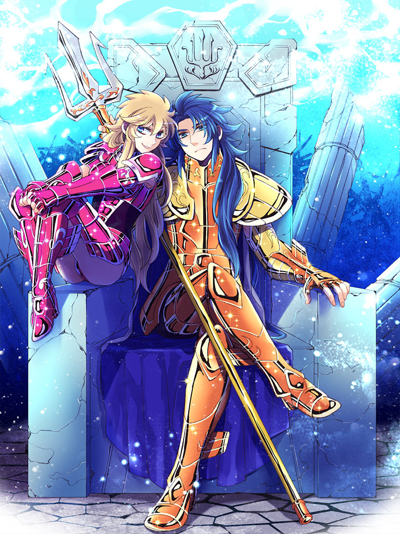 Safebooru - 1boy 1girl armor blonde hair blue eyes blue hair cape full armor gemini kanon long ...