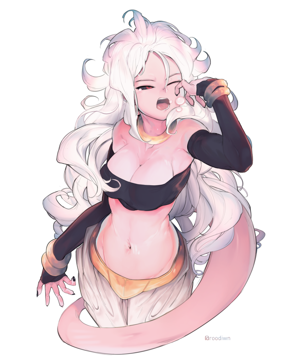 Safebooru - 1girl ;o android 21 arm warmers artist name baggy pants bandeau bangle bare ...