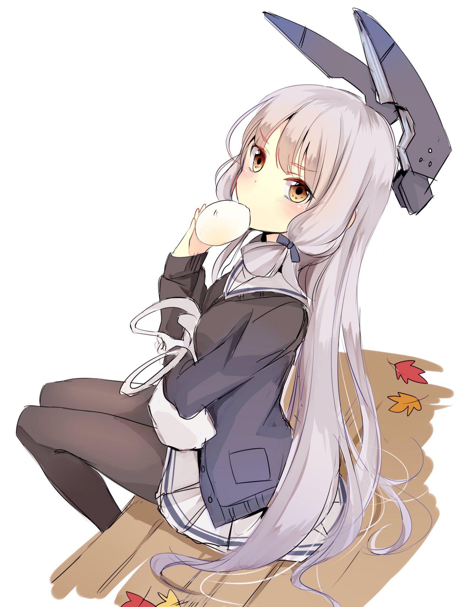 Safebooru - 1girl autumn leaves bag bangs black legwear blush cardigan dress eating eyebrows ...