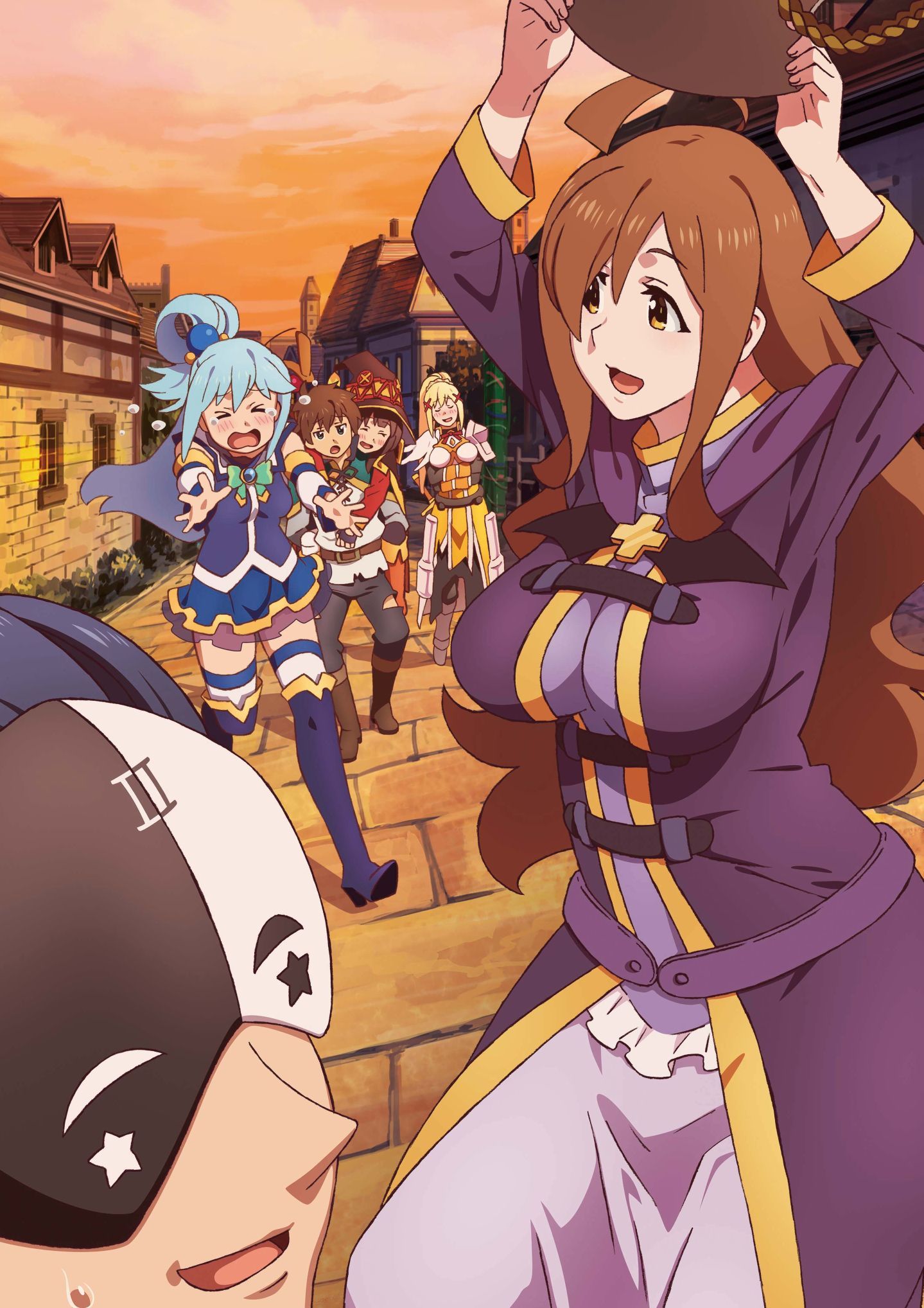 Safebooru - 2boys 4girls :d aqua (konosuba) armor armored dress arms up belt black gloves black ...