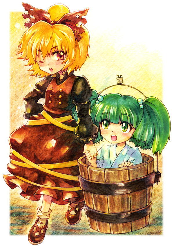 Safebooru - blonde hair bucket girl in bucket green eyes green hair ...