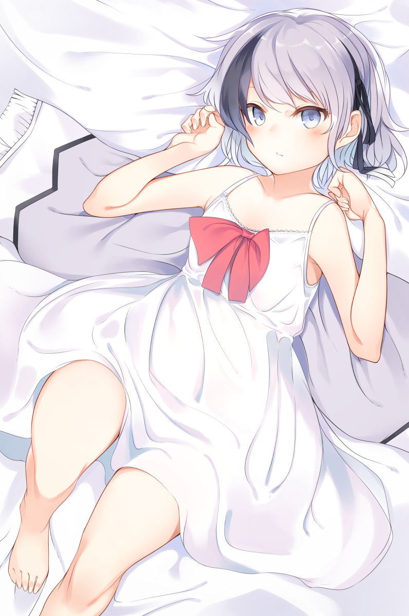 Safebooru - 1girl bangs bare arms bare legs bare shoulders bed sheet black hair blue eyes blush ...