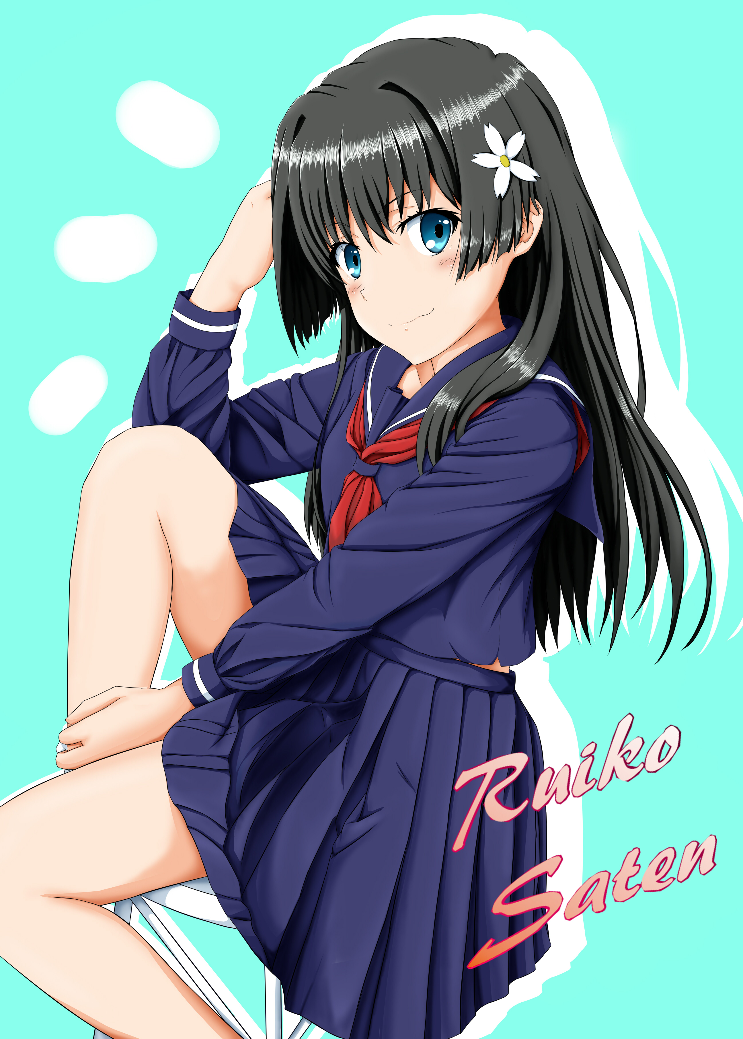 Safebooru - absurdres black hair blue serafuku blue skirt character name flower green eyes hair ...