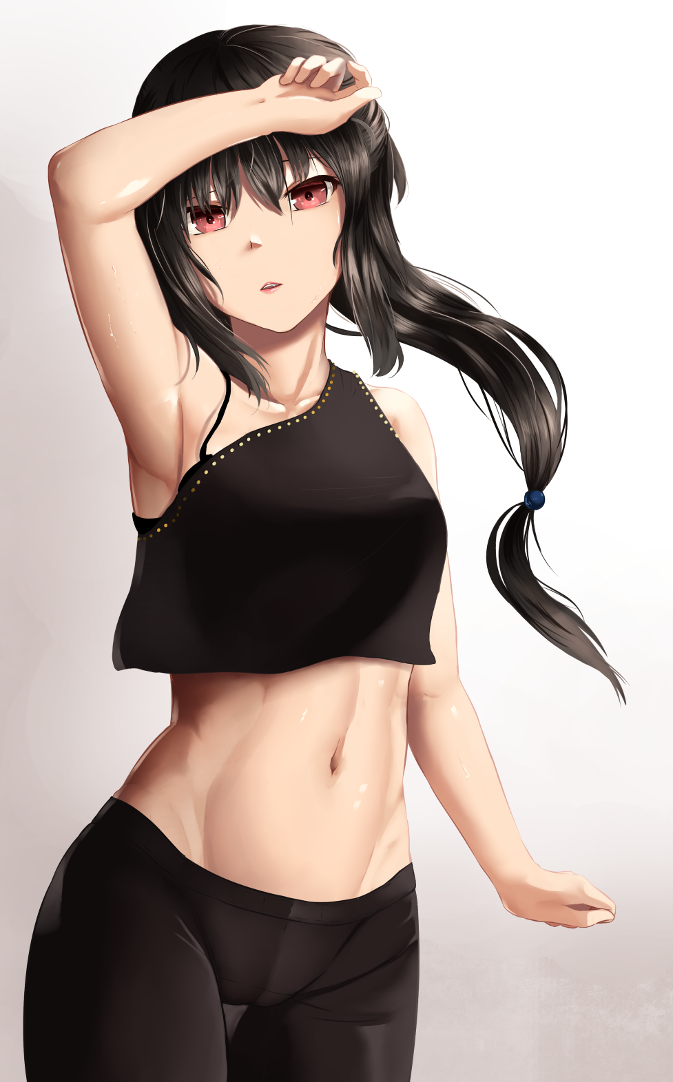 Safebooru - 1girl arm on head armpits bare shoulders black bra black hair black pants black ...