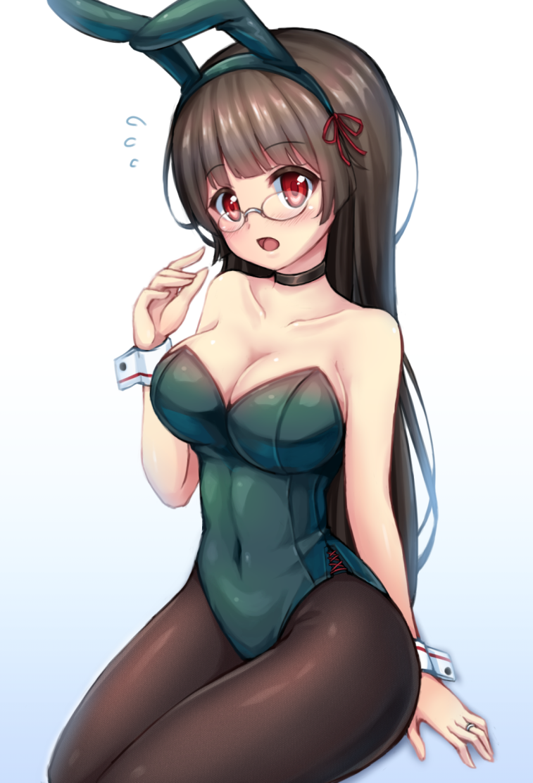 Safebooru - 1girl animal ears bare shoulders black legwear blue leotard blush breasts brown hair ...