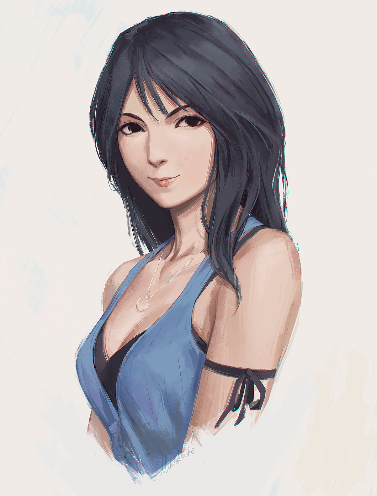 Safebooru - 1girl arm ribbon bangs black eyes black hair black ribbon blue shirt breasts ...