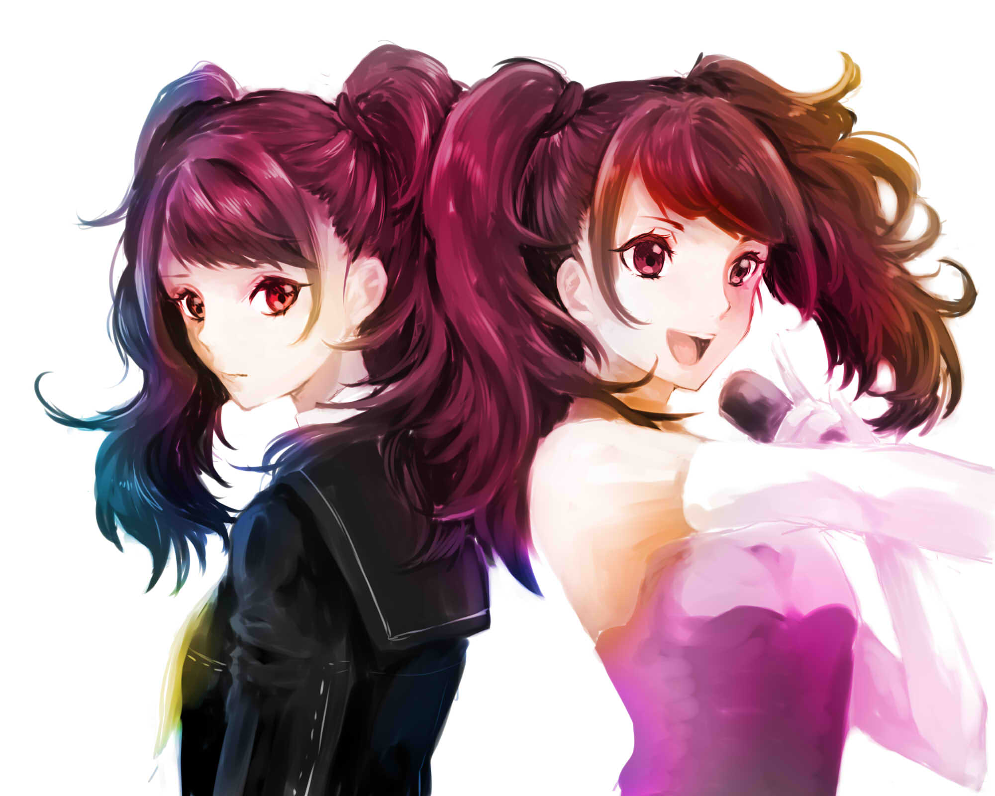 Safebooru - 2girls back-to-back bangs bare shoulders brown eyes brown ...