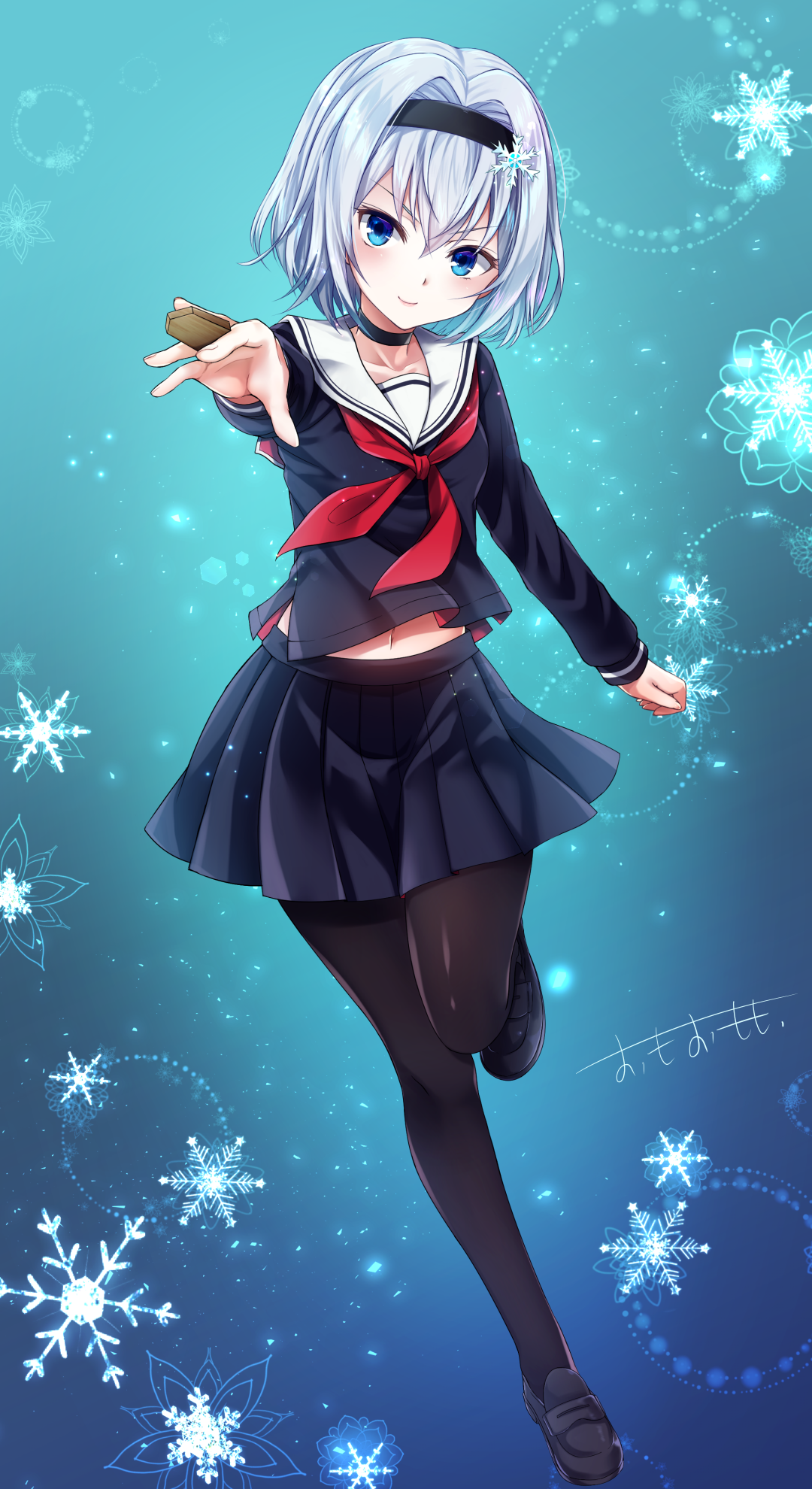 Safebooru - >:) 1girl backlighting between fingers black footwear black hairband black legwear ...