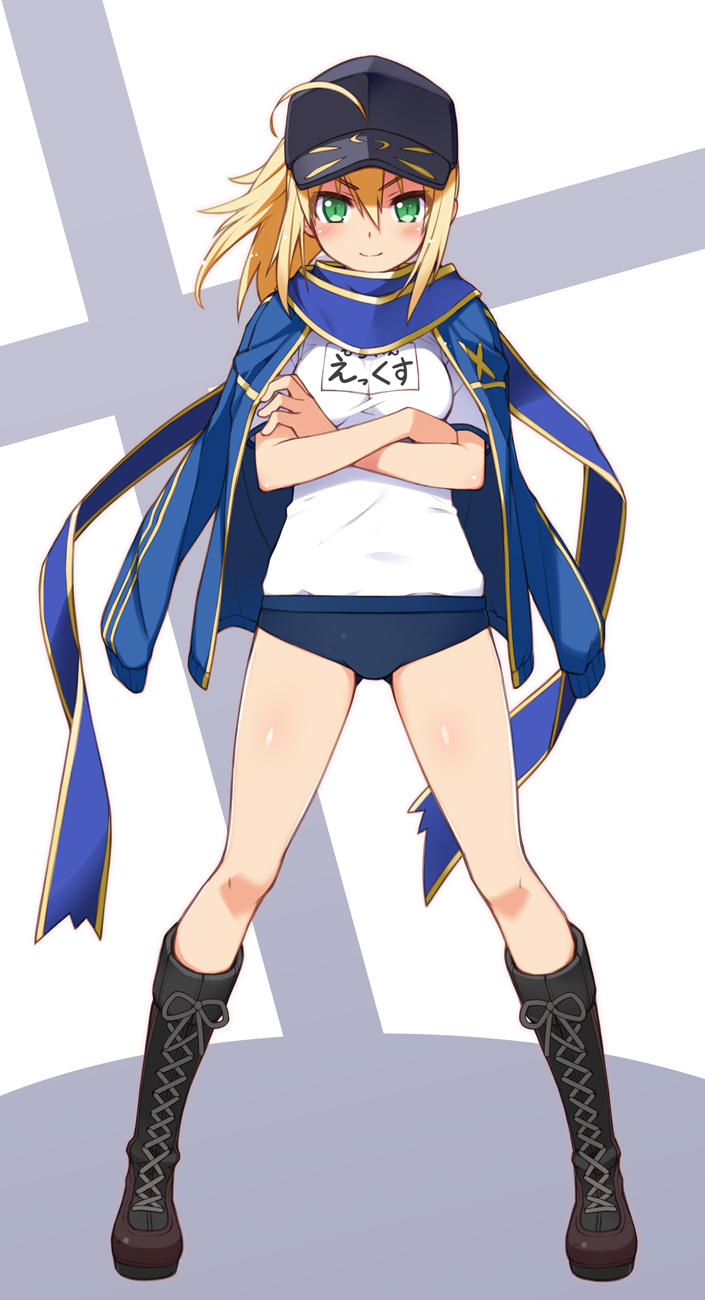 Safebooru - 1girl ahoge artoria pendragon (all) baseball cap blonde hair blue buruma blue jacket ...