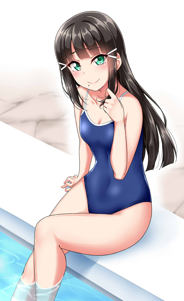 Safebooru - 1girl bangs black blue swimsuit blush commentary request covered navel green eyes ...