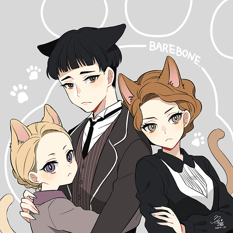 Safebooru - 1boy 2girls animal ears artist name black hair blonde hair brown eyes brown hair cat ...