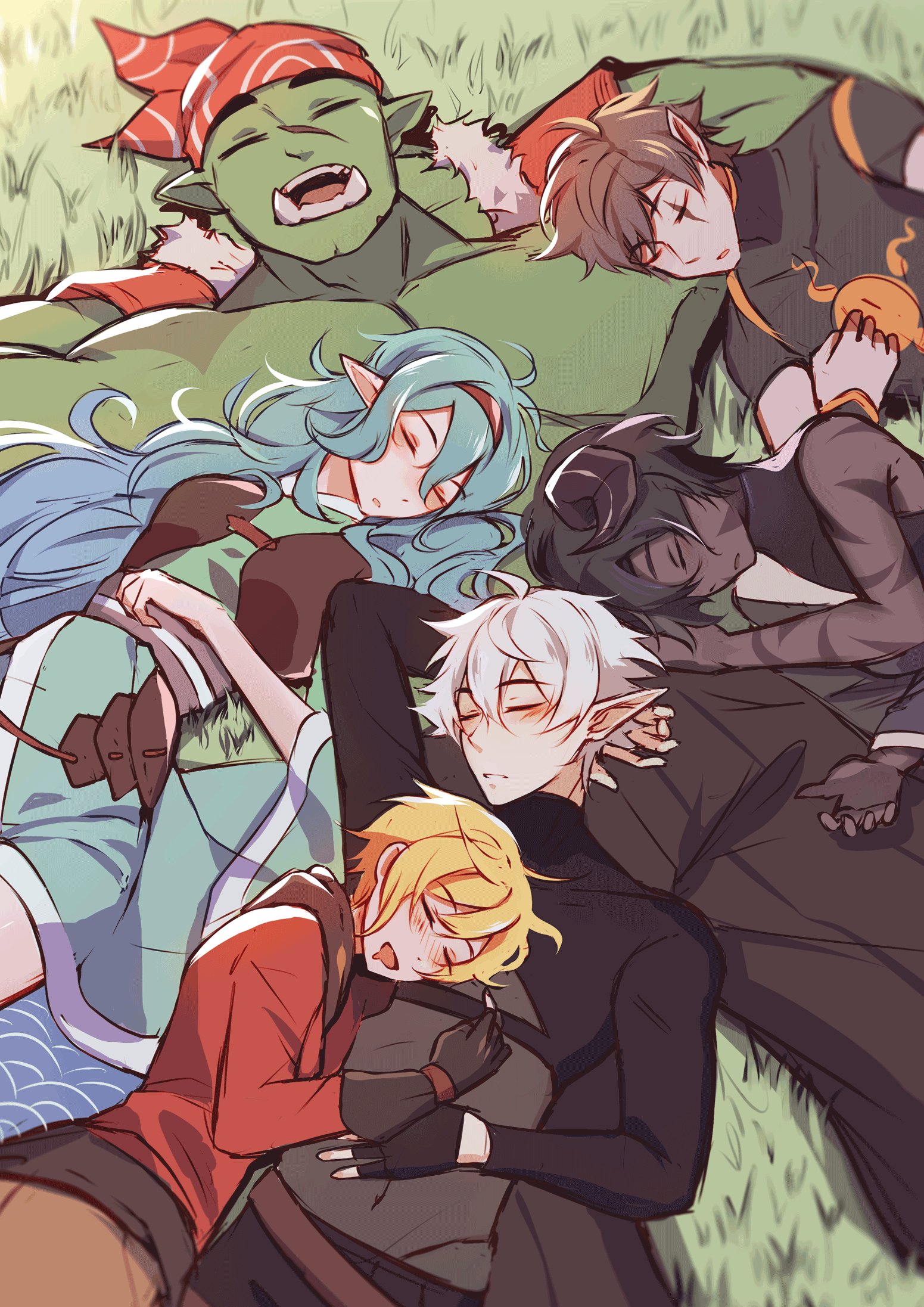 Safebooru - 1hp club 3boys 3girls ahoge alice (1hp club) arm behind ...