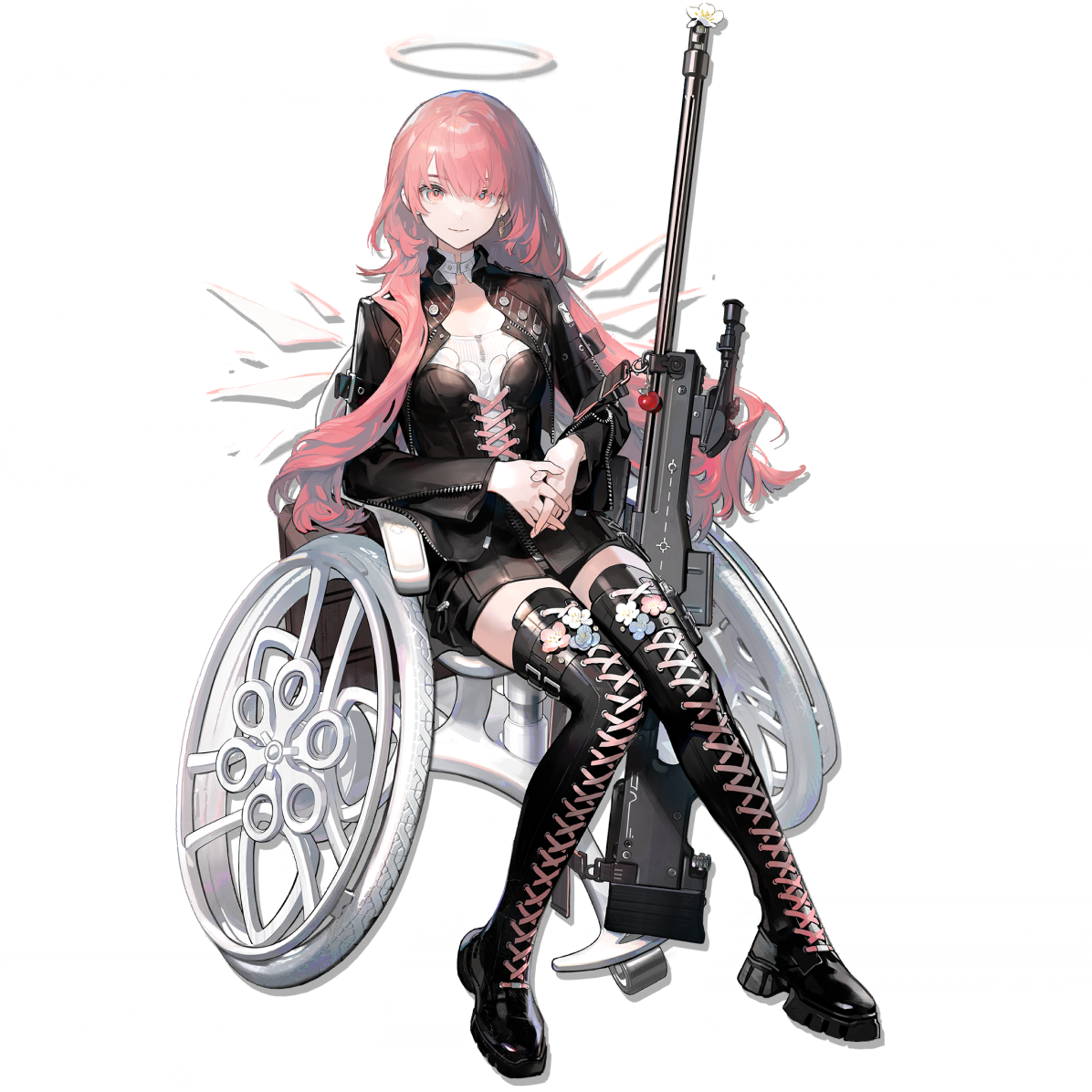 Safebooru - 1girl apple arknights closed mouth detached wings food fruit full body gun halo iris ...