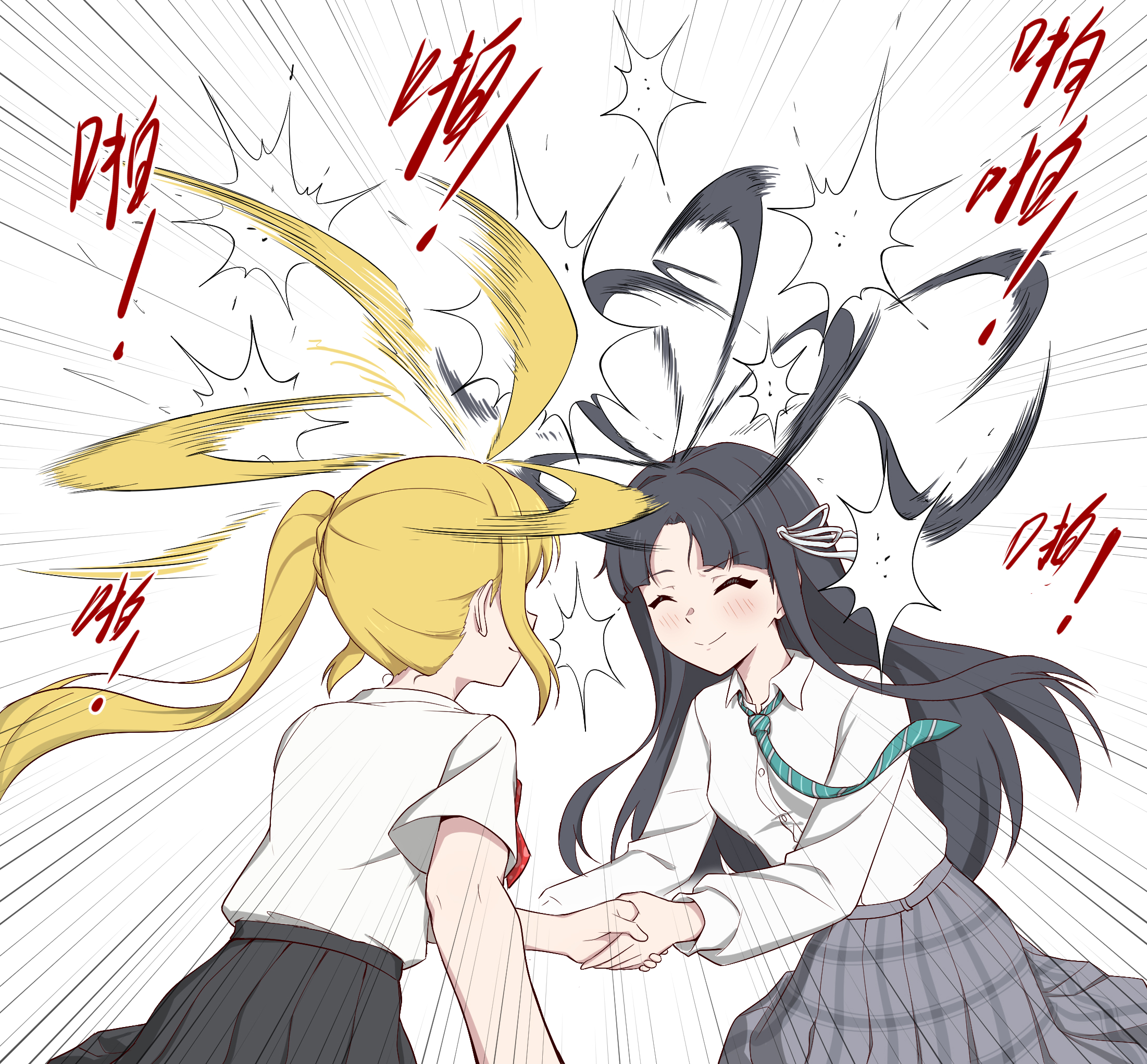 Safebooru - 2girls ahoge anglediana awa subaru black hair black skirt blonde hair blue necktie ...