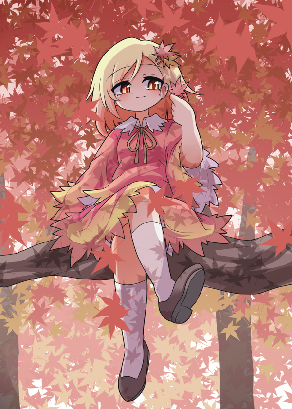 Safebooru - 1girl aki shizuha autumn leaves blonde hair brown footwear dress full body holding ...