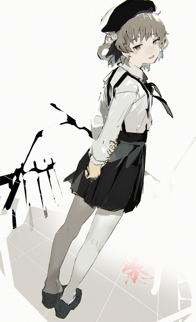 Safebooru - 1girl arm grab beret black footwear black hat black ribbon black skirt blush brown ...