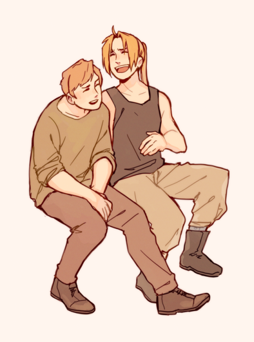 Safebooru - 2boys alphonse elric black shirt blonde hair boots brothers closed eyes commentary ...