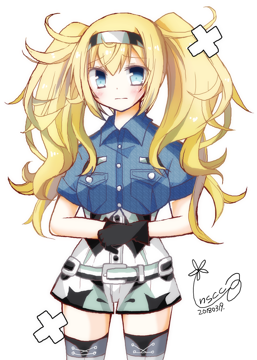 Safebooru - 1girl bandage belt black legwear blonde hair blue eyes blue shirt blush breast ...