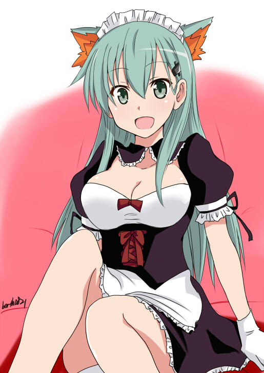 Safebooru - 1girl alternate costume animal ears apron aqua eyes aqua hair black dress breasts ...