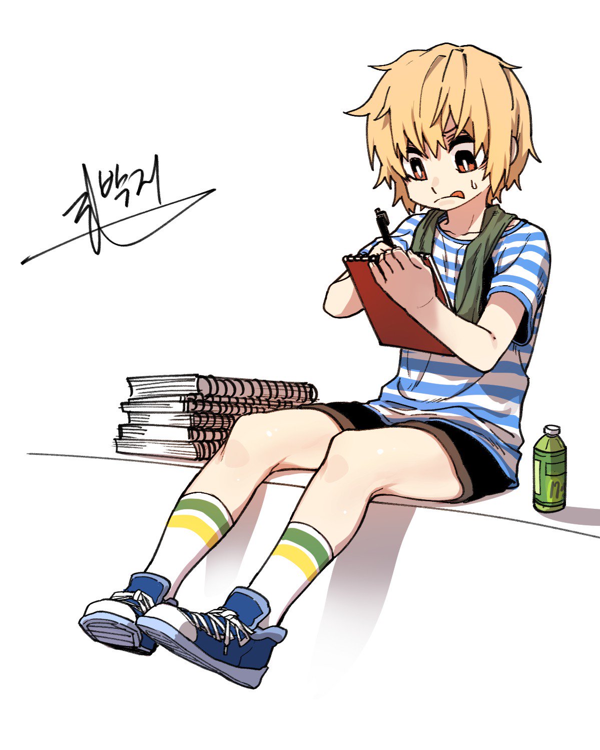 Safebooru - 1boy :p blonde hair bottle drawing highres jeong sana male ...