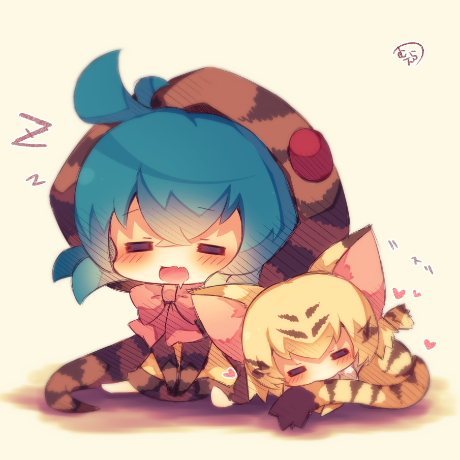 Safebooru - = = animal ears bangs blonde hair blue hair blush bow cat ears cat girl cat tail ...