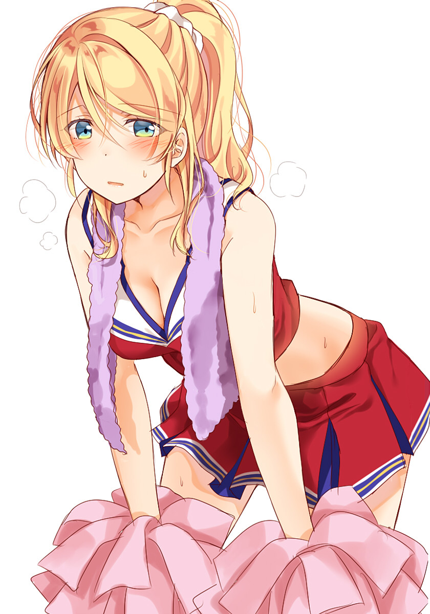 Safebooru - 1girl ayase eli bent over blue eyes blush breasts breath cheerleader cleavage ...