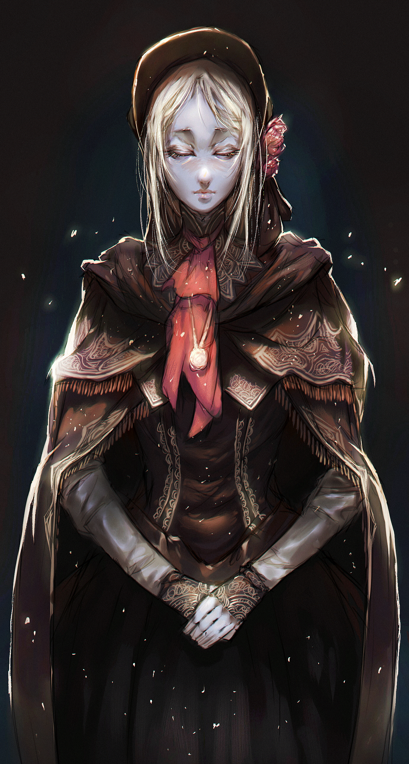 Safebooru - 1girl absurdres bangs blonde hair bloodborne bonnet brown dress cape closed eyes ...