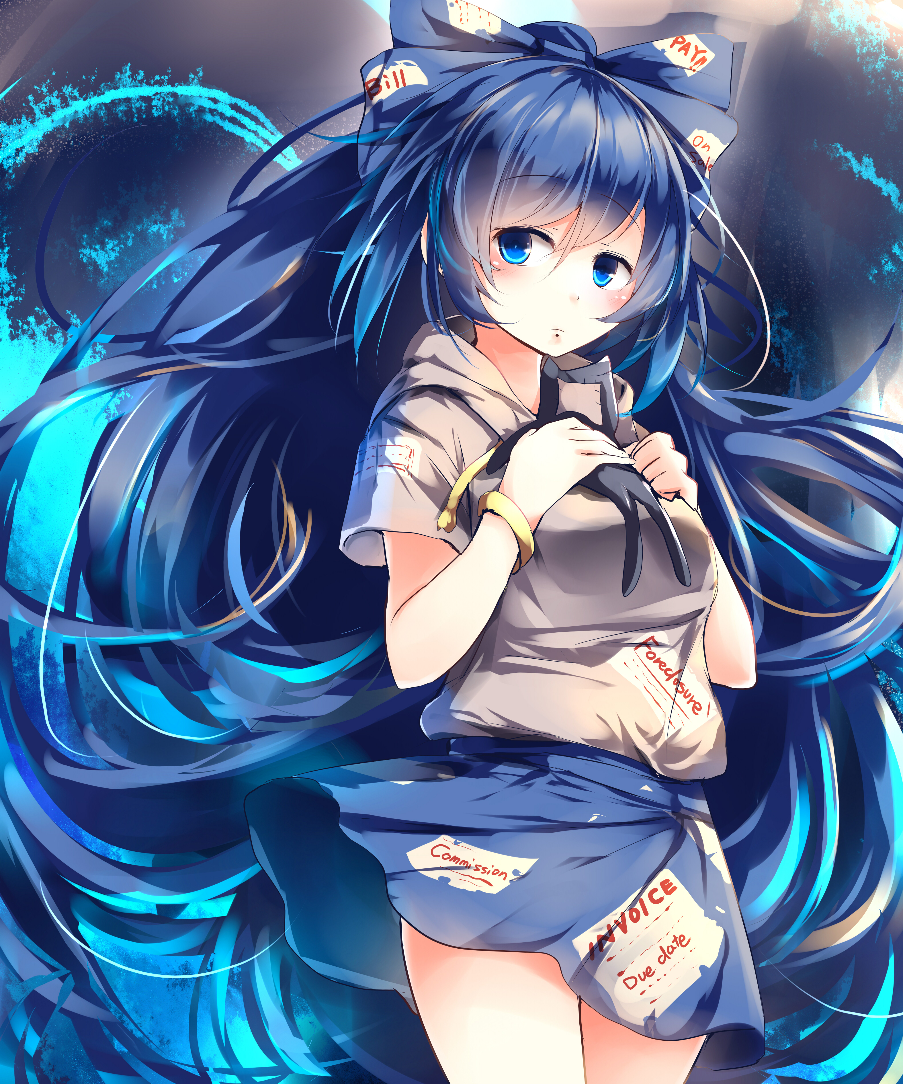 Safebooru - 1girl absurdres asymmetrical bangs aura bangle bangs bent elbows blue background ...